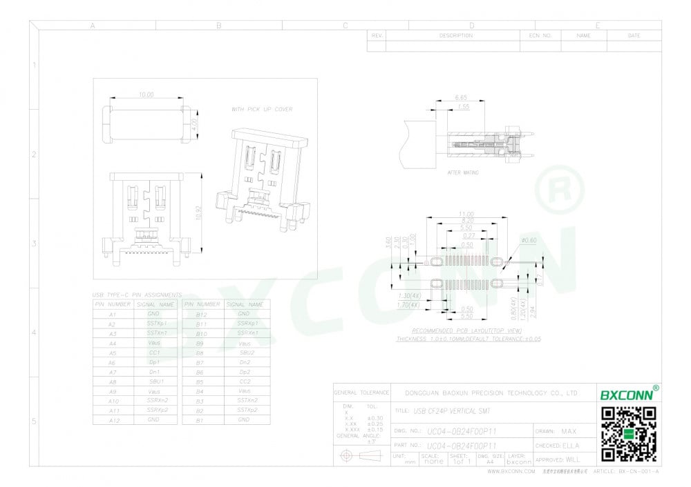 BXCONN UC04-0B24F00P11 USB Type-C pin assignment