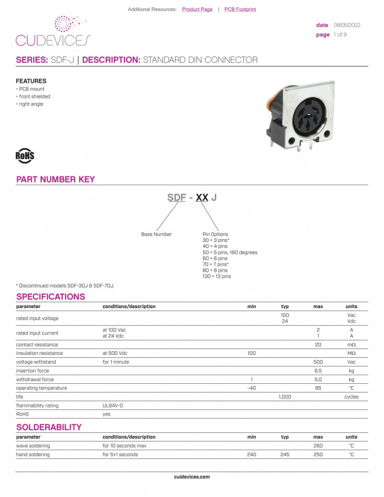 CUI SDF-130J datasheet page 1