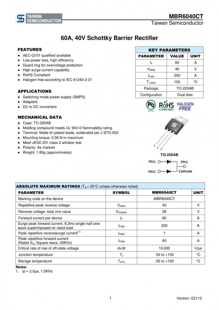 MBR6040CT datasheet page 1