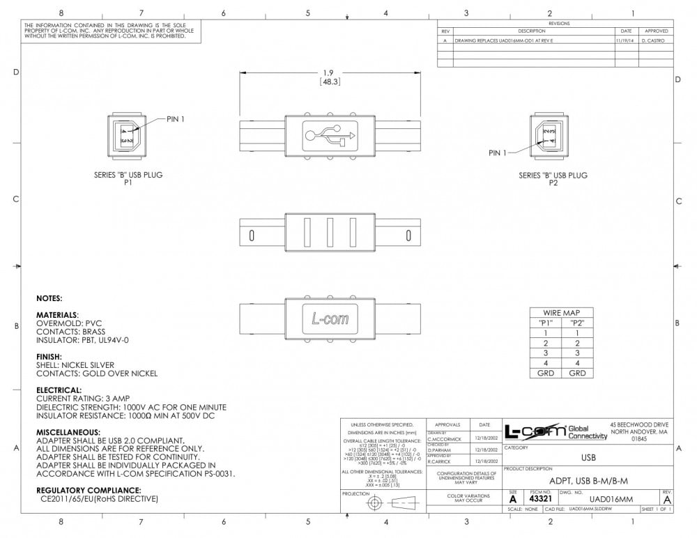 L-com UAD016MM connector drawing preview