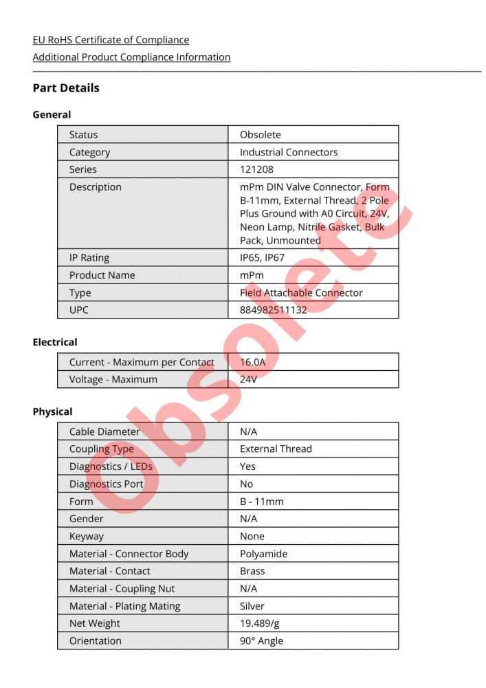 Molex S22 DIN valve connector packaging specification page image 2
