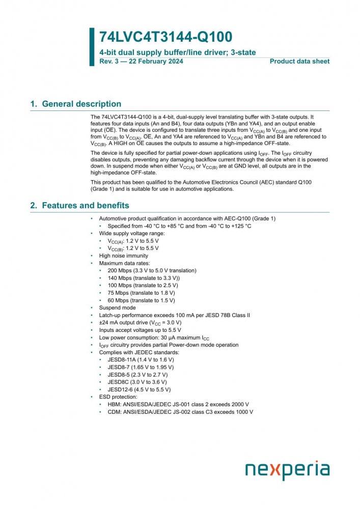 74LVC4T3144PW-Q10J datasheet page 1