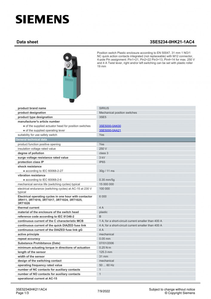 SIEMENS 3SE52340HK211AC4 datasheet page 1