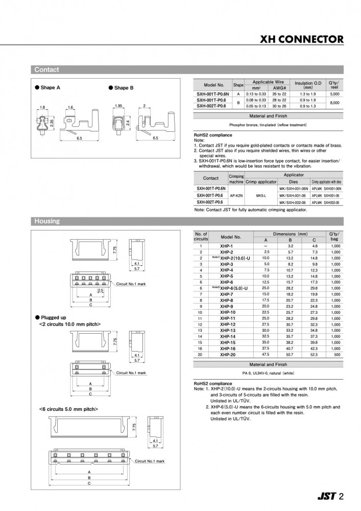 JST XH connector technical drawing page 2