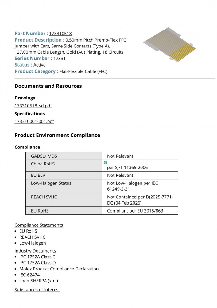 MOLEX 173310518 technical document page 1