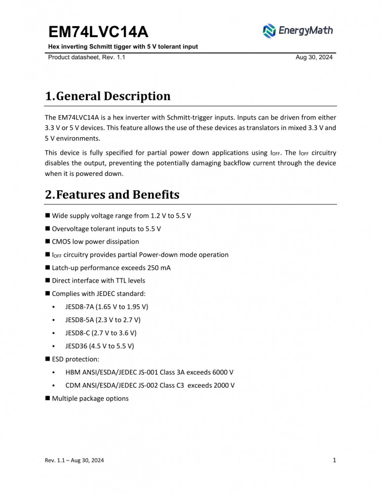 EM74LVC14AD datasheet page 1