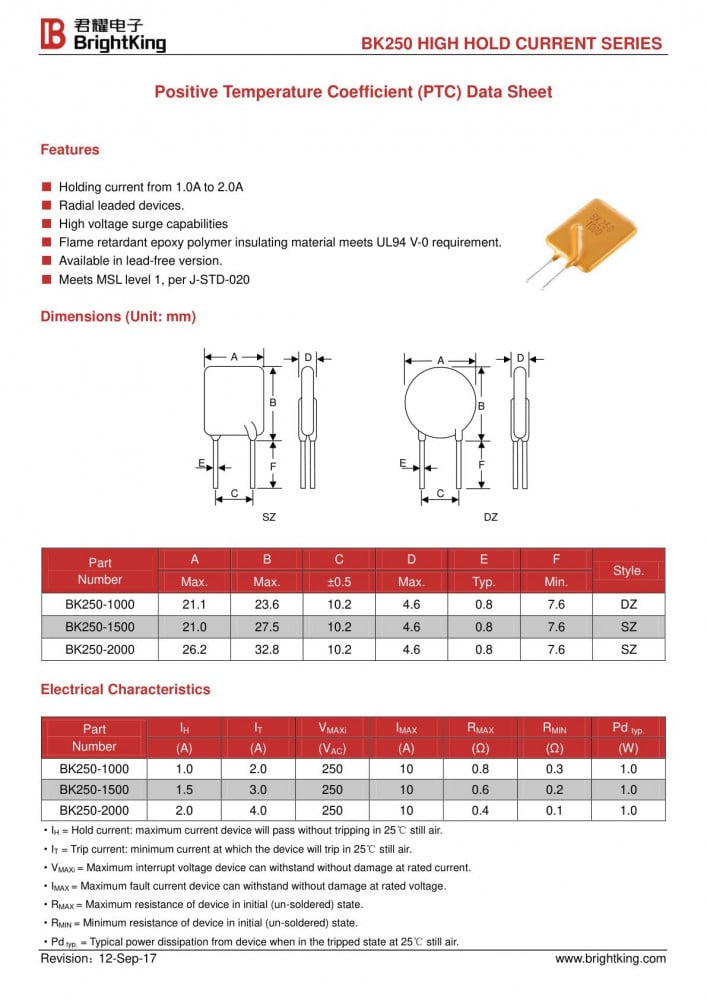BK250 PTC datasheet page 1