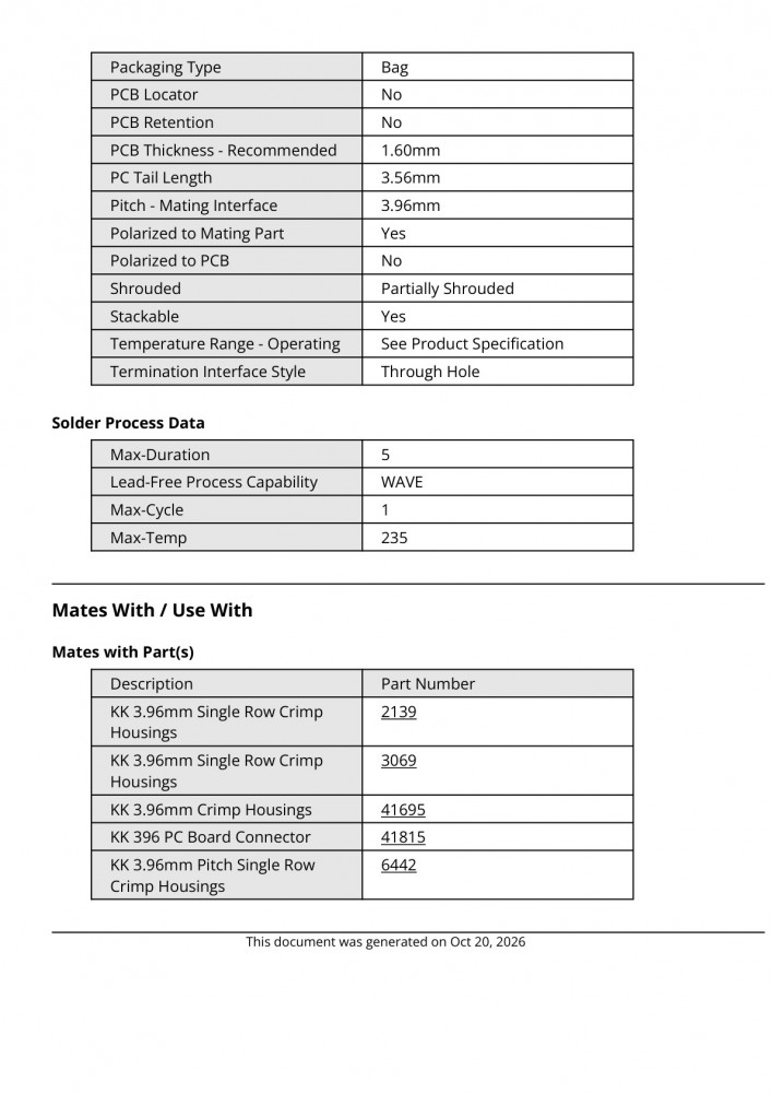 Technical document page 3 for MOLEX 26602070