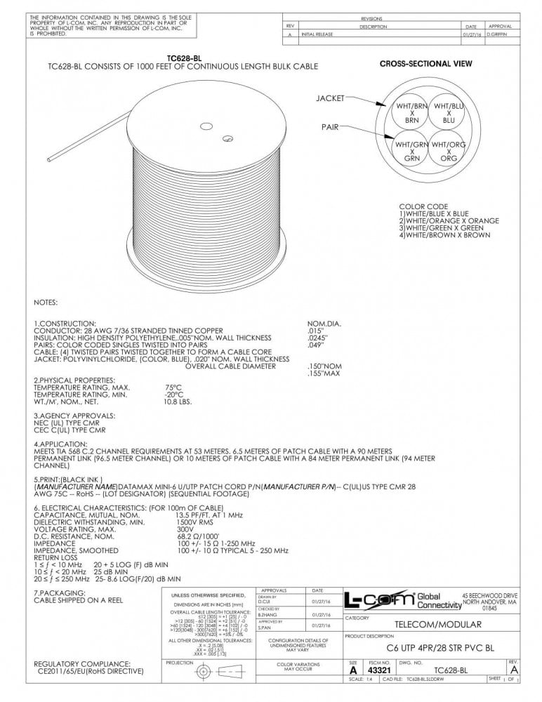 TC628-BL technical drawing and specification page