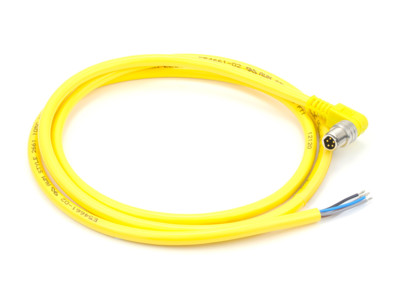 M12 Signal, A-Coded, Single-Ended Cordset, 4 Poles, Male (90°) to Pigtail, 0.34mm² (22 AWG), Yellow Shielded PVC Cable, Yellow Overmold, 5.0m (16.40') Length