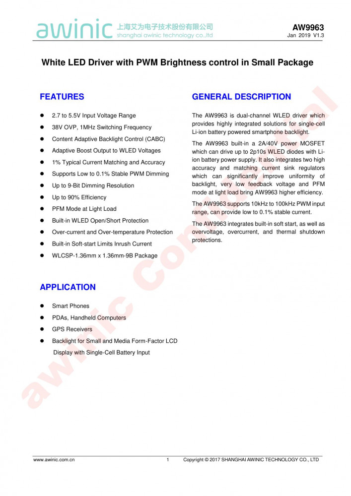 AW9963CSR datasheet page 1