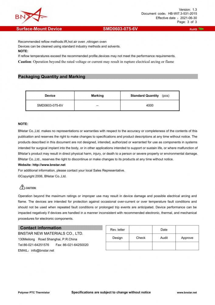 BNstar SMD0603-075-6V datasheet page 3