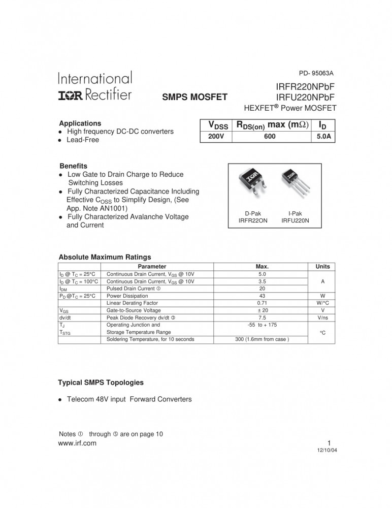 IRFR220NTRPBF technical document page 1