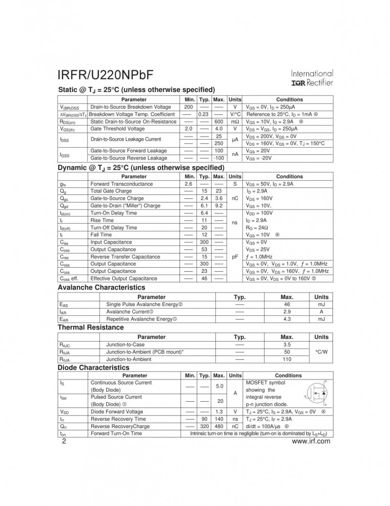 IRFR220NTRPBF technical document page 2