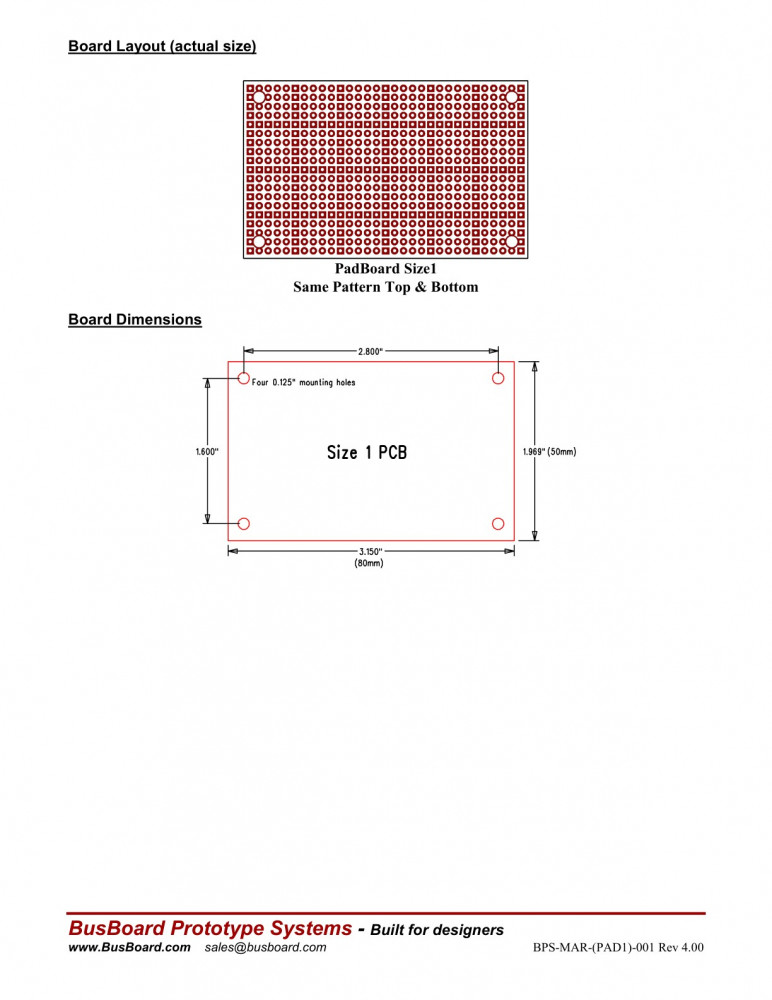 PAD1 board dimensions and pattern drawing