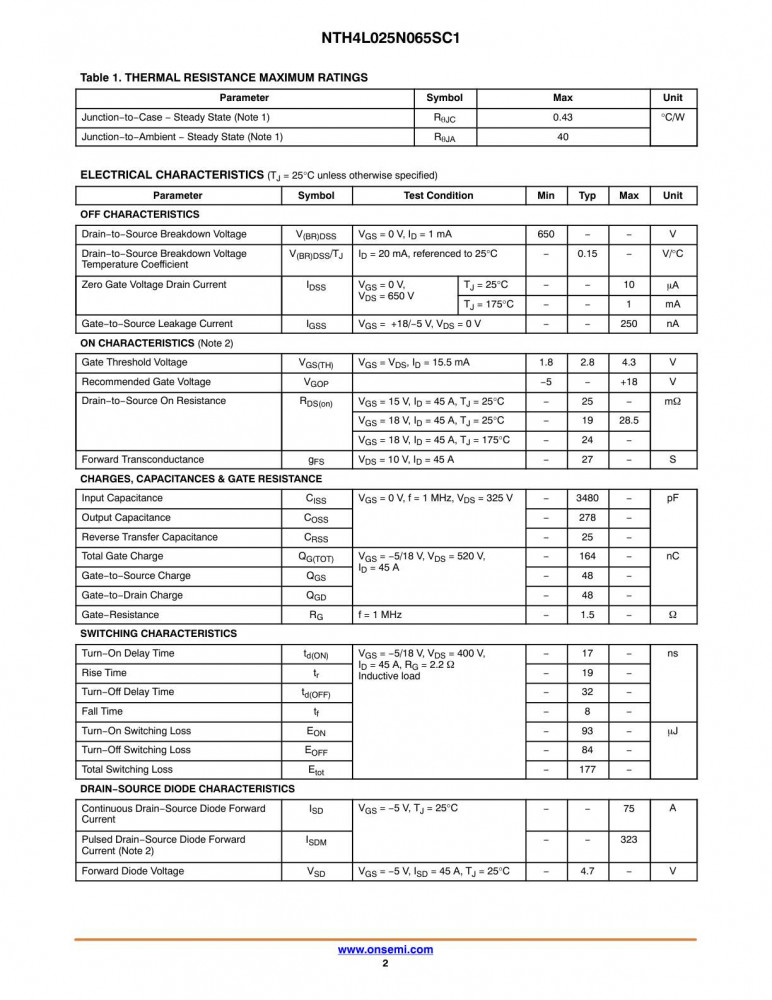 NTH4L025N065SC1 datasheet page 2