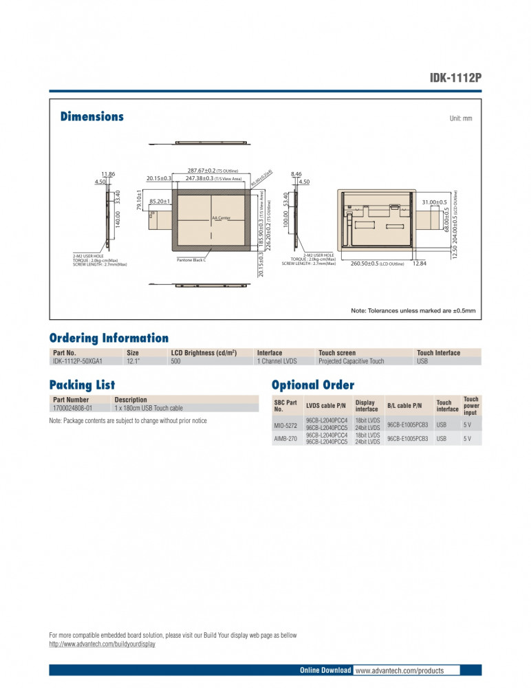 ADVANTECH IDK-1112P-50XGA1 technical document page 2