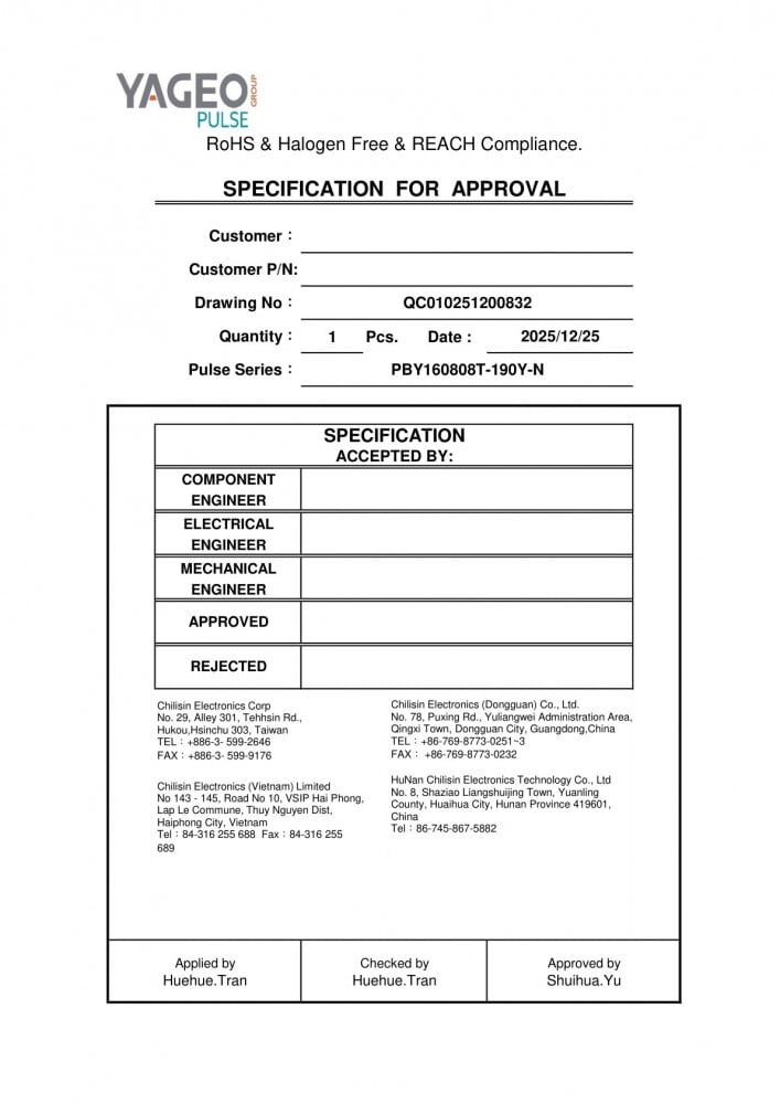 PBY160808T-190Y-N specification page 1