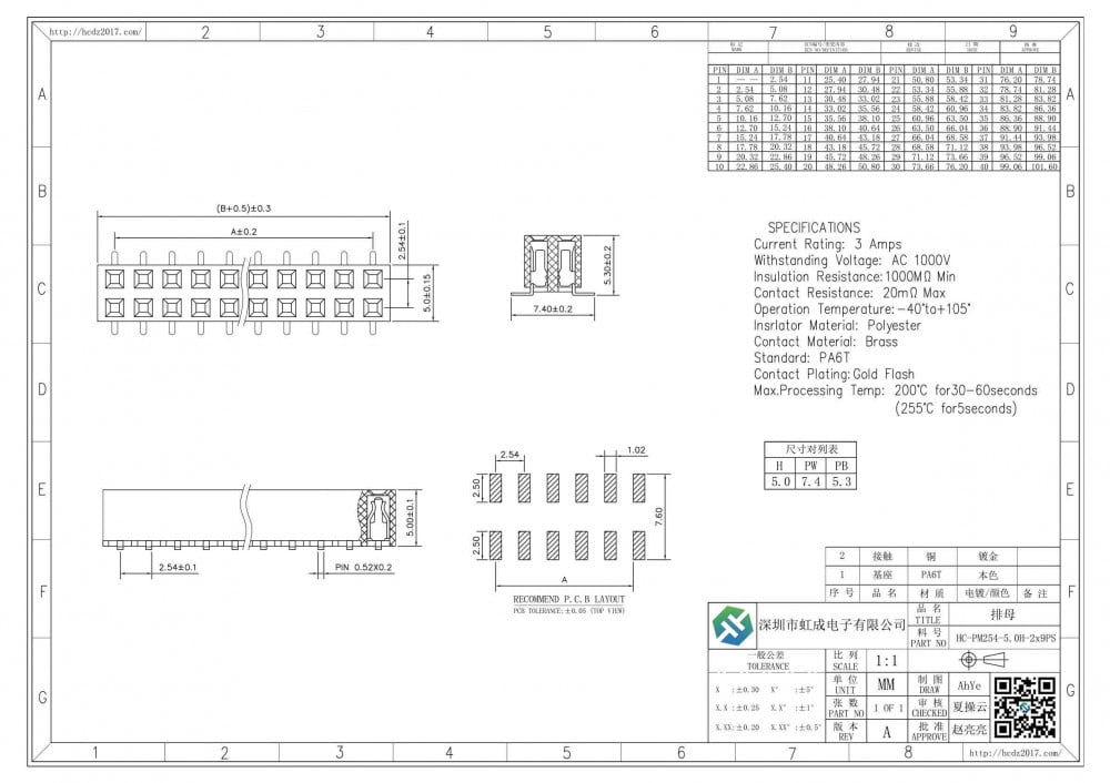 HC-PM254-5.0H-2x9PS technical drawing preview