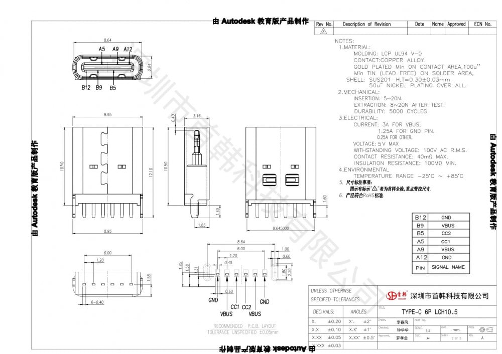 TYPE-C 6P LCH10.5 specification page 1