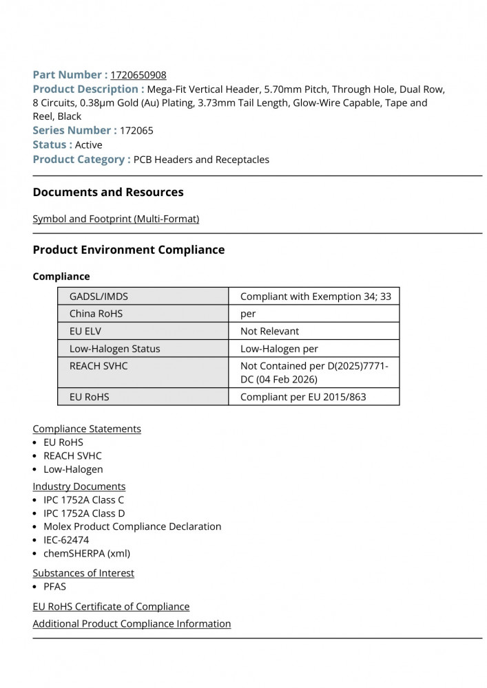 Technical document page 1 for MOLEX 1720650908
