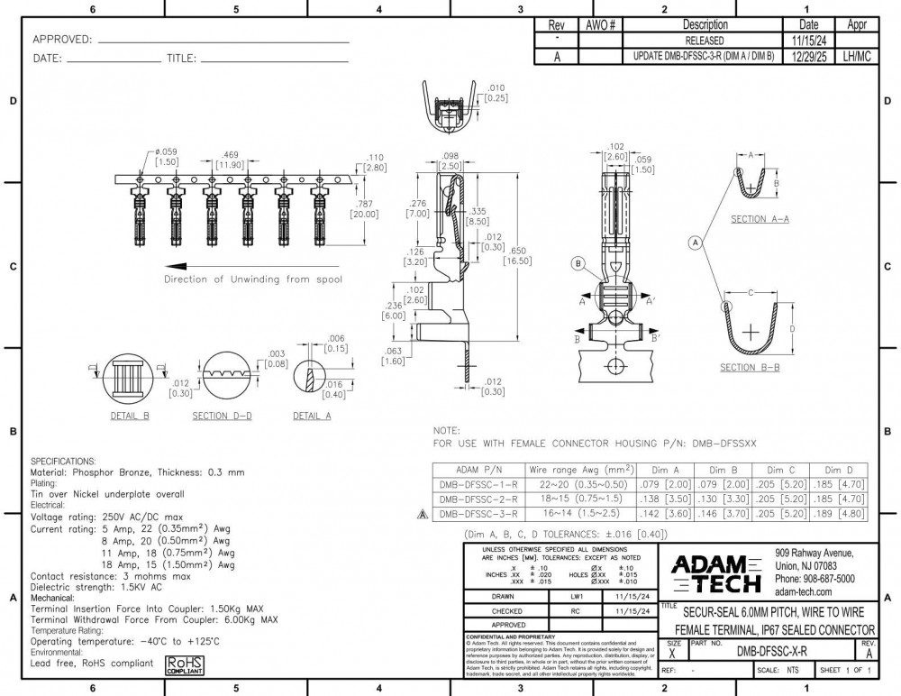 ADAM TECH SECUR-SEAL female terminal drawing for DMB-DFSSC series