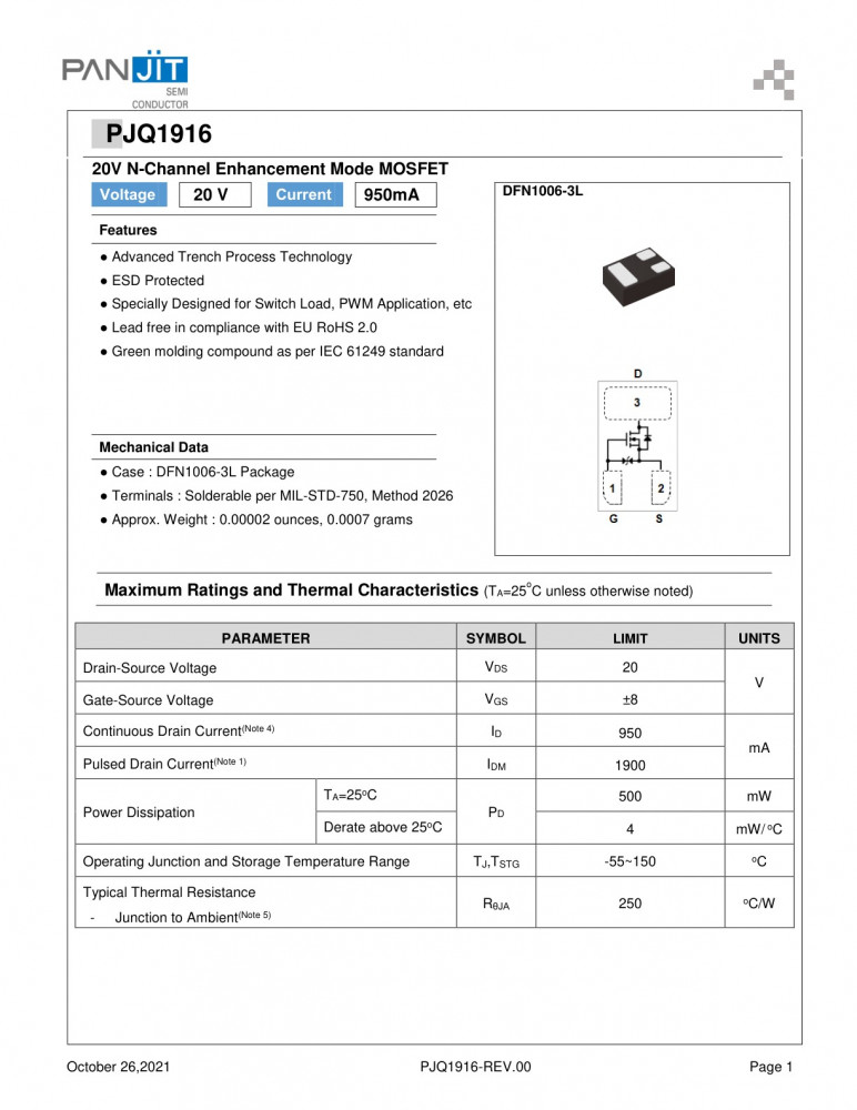 PJQ1916 datasheet page 1