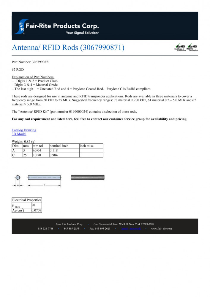 Fair-Rite 3067990871 catalog drawing and technical information