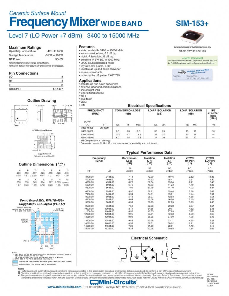 SIM-153+ technical datasheet page 1