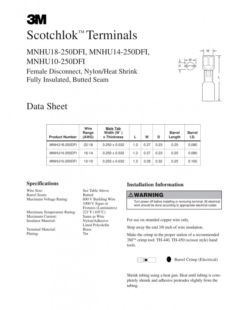 3M MNHU10-250DFIK Scotchlok terminal datasheet page 1