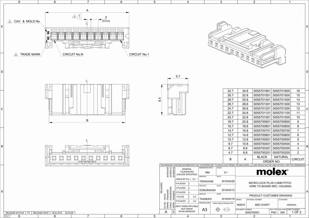 MOLEX 5055700400 technical drawing page 1