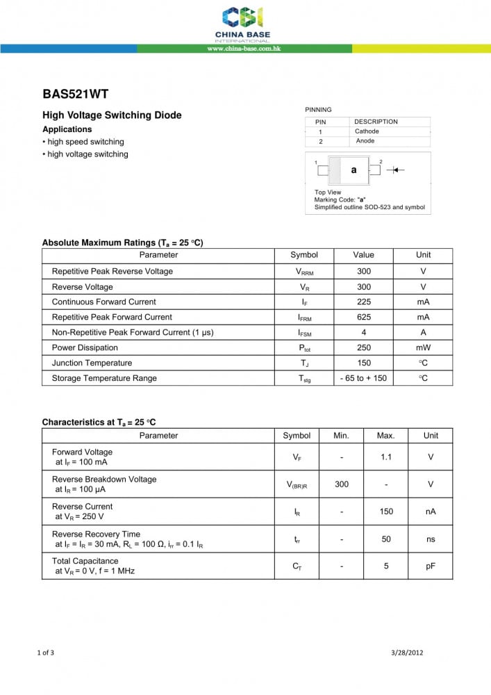 BAS521WT datasheet page 1