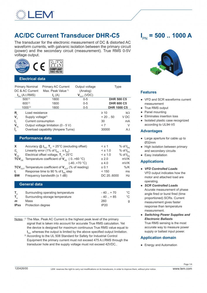 LEM DHR-C5 technical document page 1