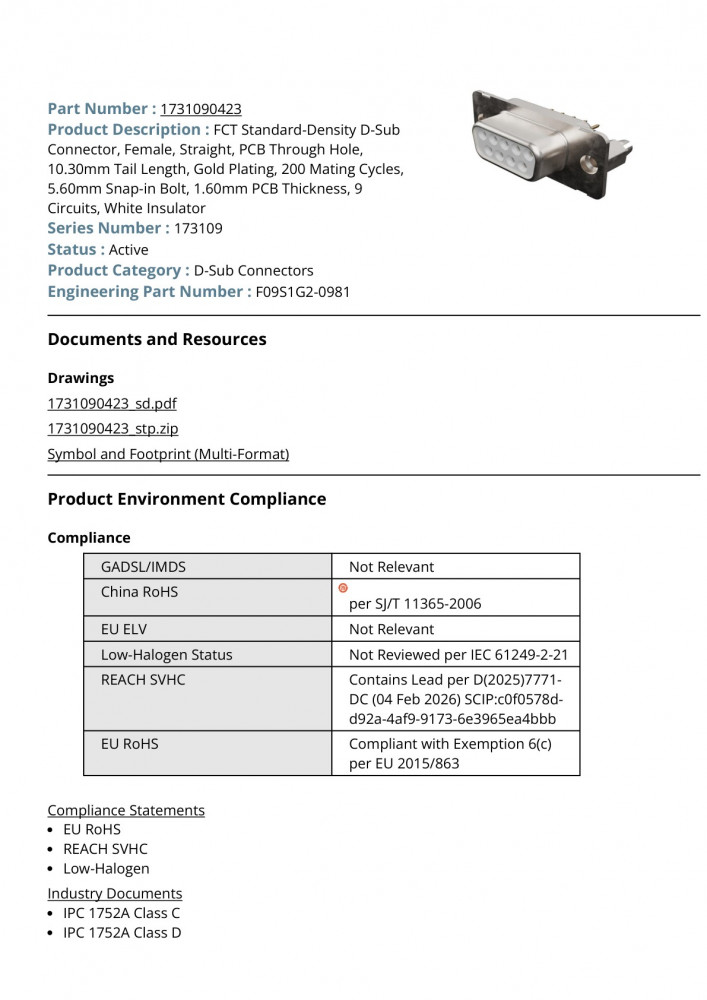 MOLEX 1731090423 technical drawing, page 1