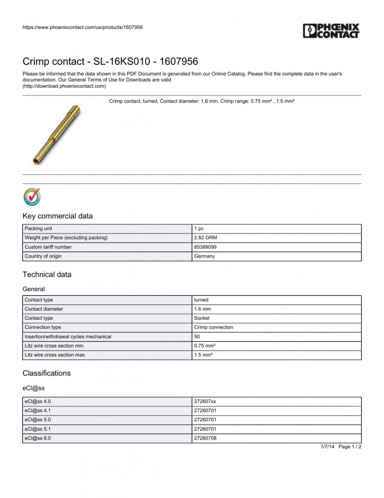 Phoenix Contact 1607956 technical document page 1