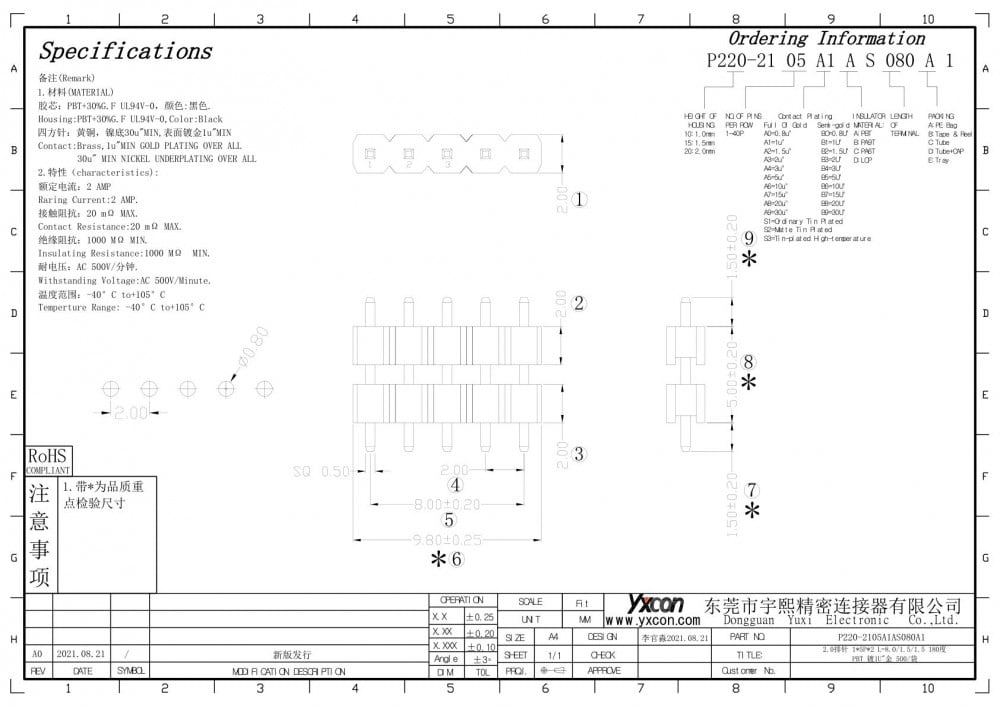 Yxcon P220-2105A1AS080A1 technical document preview