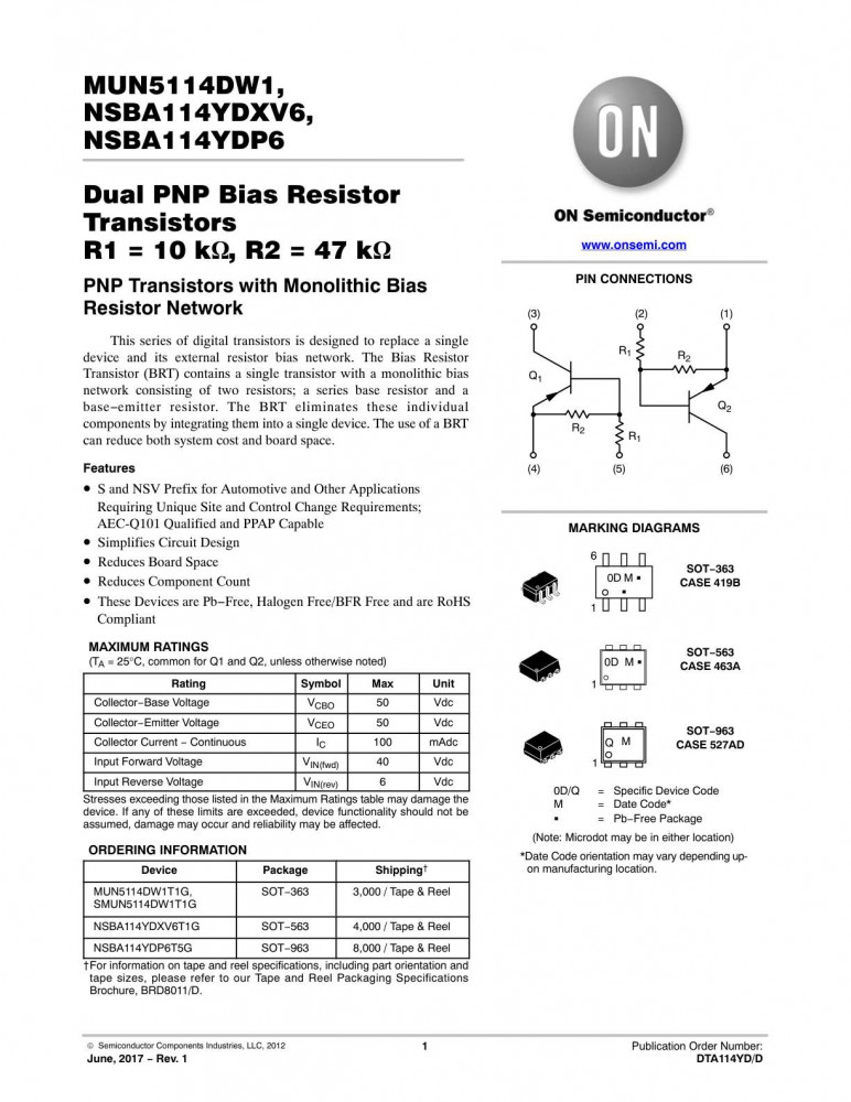 SMUN5114DW1T1G datasheet page 1