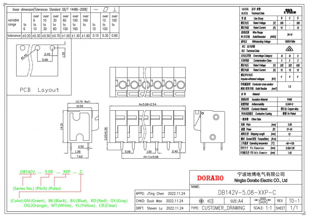 DORABO DB142V-5.08-6P-GN technical drawing