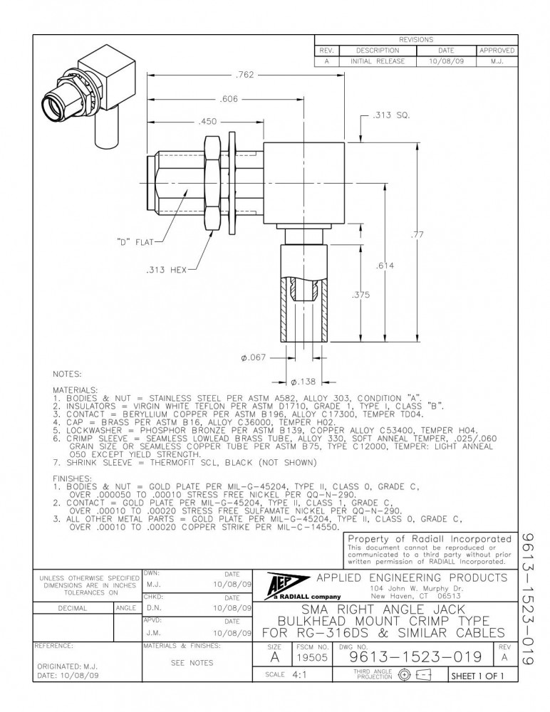 Radiall 9613-1523-019 SMA right-angle bulkhead jack drawing