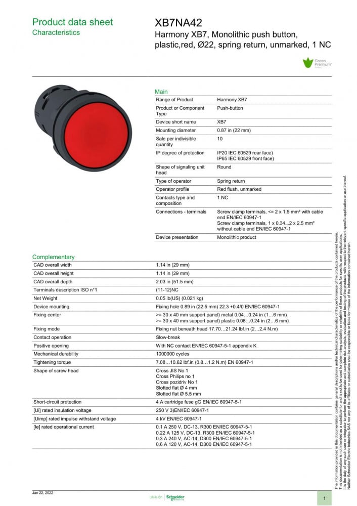 XB7NA42 technical document page 1