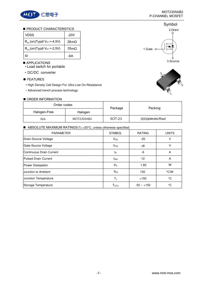 MOT2305AB2 datasheet page 1