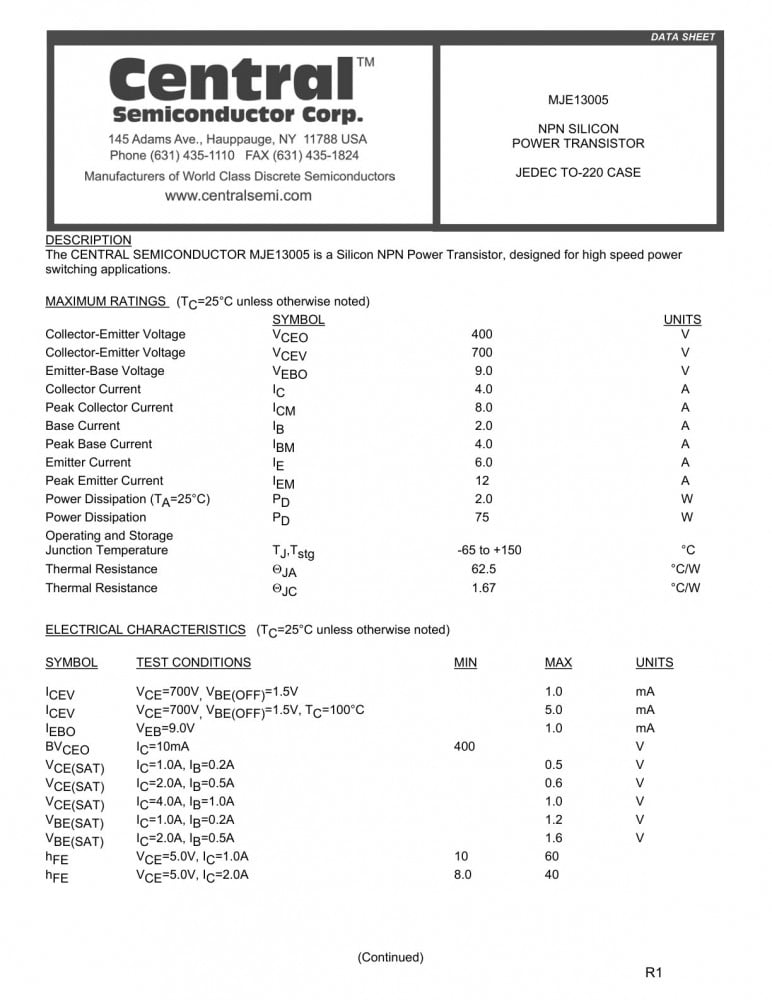 MJE13005 SL PBFREE datasheet page 1