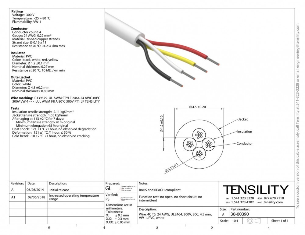 Tensility International 30-00390 cable specification drawing