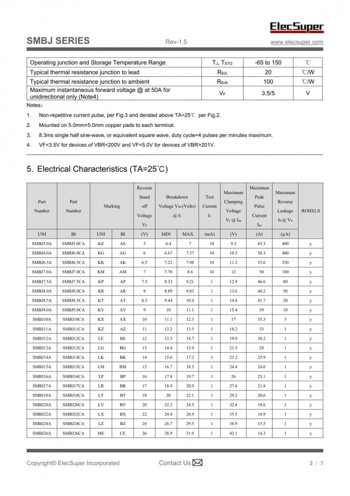 SMBJ7.0A datasheet page 2