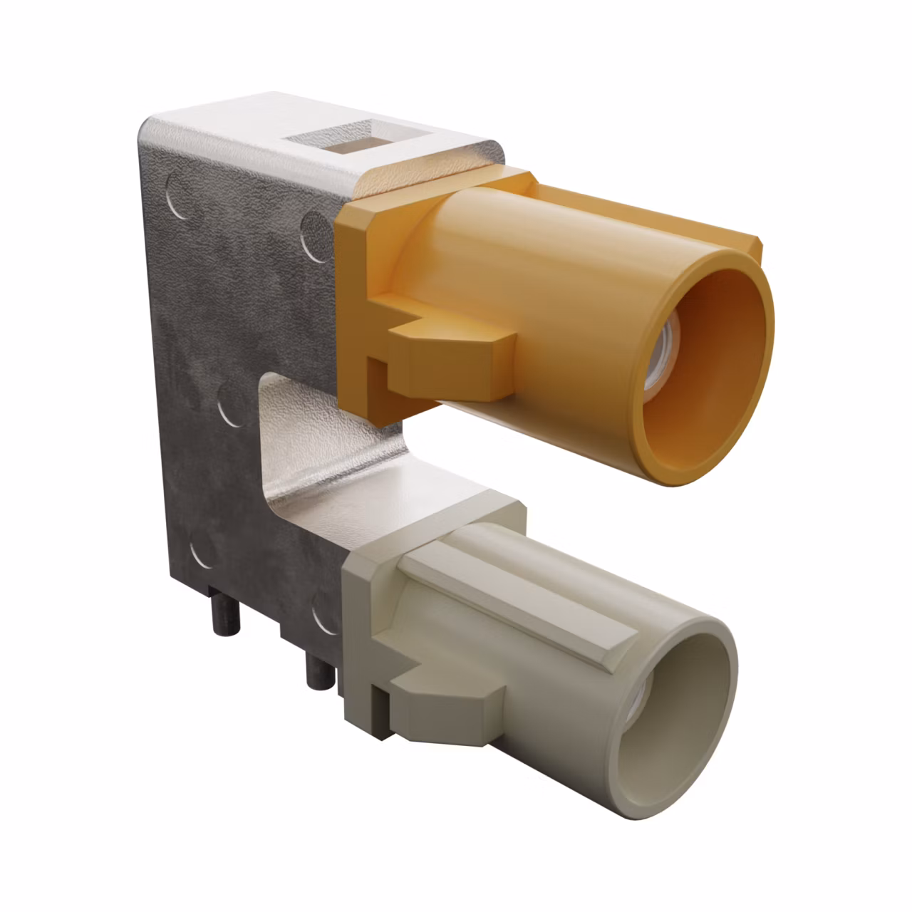 FAKRA Jack, Dual, Right-Angle, PCB Receptacle, Through Hole, Die Cast Body, Tin (Sn) Plated, Keying Code M (Pastel Orange) and Keying Code I (Beige), Tray, 50 Ohms for sale