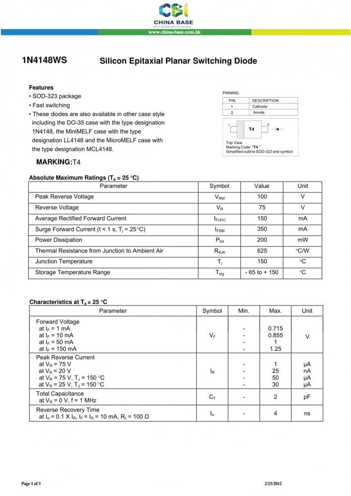 1N4148WS datasheet page 1