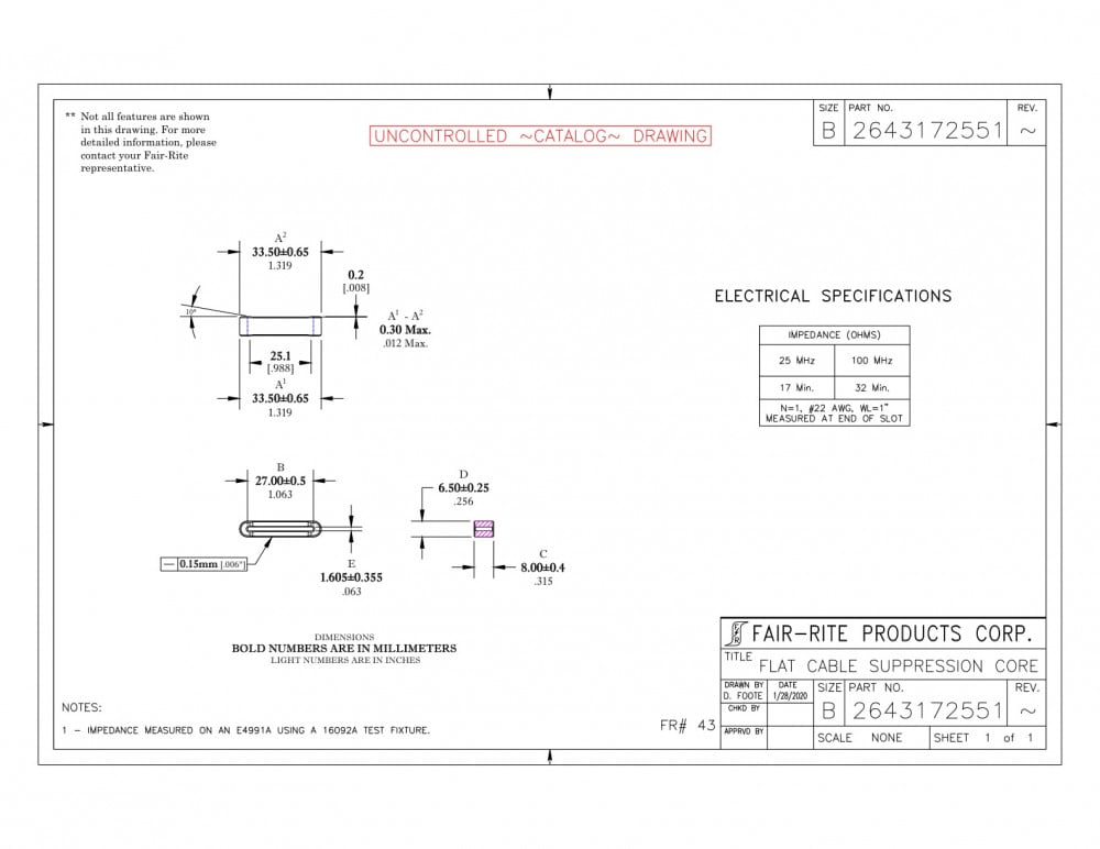 Fair-Rite 2643172551 flat cable suppression core drawing