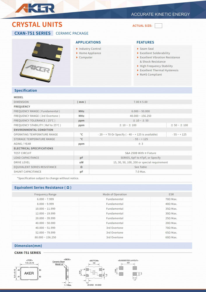 AKER CXAN-751 series crystal unit document image