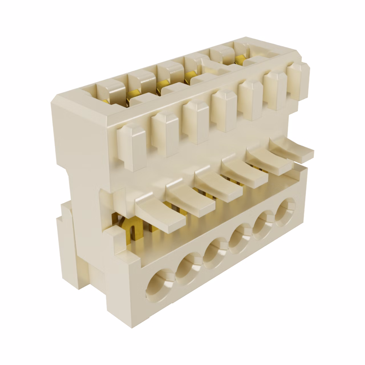 Appli-Mate RAST 2.5 Connector, 2.50mm Pitch, Female, 6 Circuits, Positions A and G Removed, Polarizing Rib Between 4/5, Locking Pips, 1 Slotted and 1 Open Endwall, Tin Plating