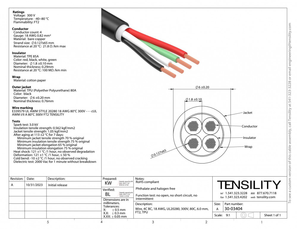 Tensility International 30-03404 cable specification drawing
